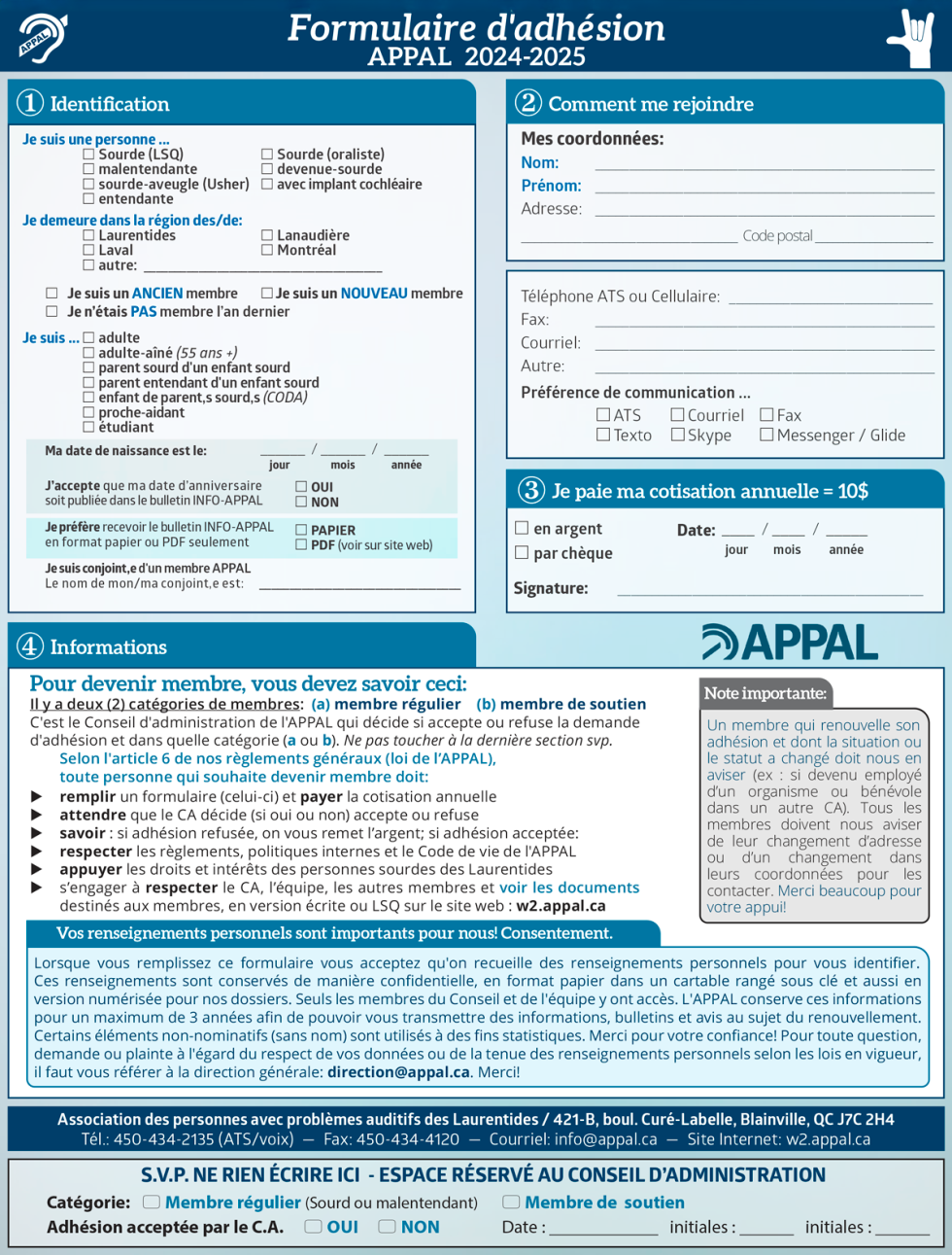Formulaire Adhésion 2024-2025 | APPAL