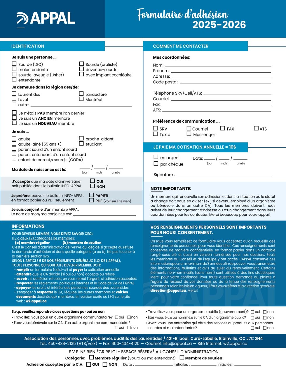 Formulaire Adhésion 2025-2026 | APPAL